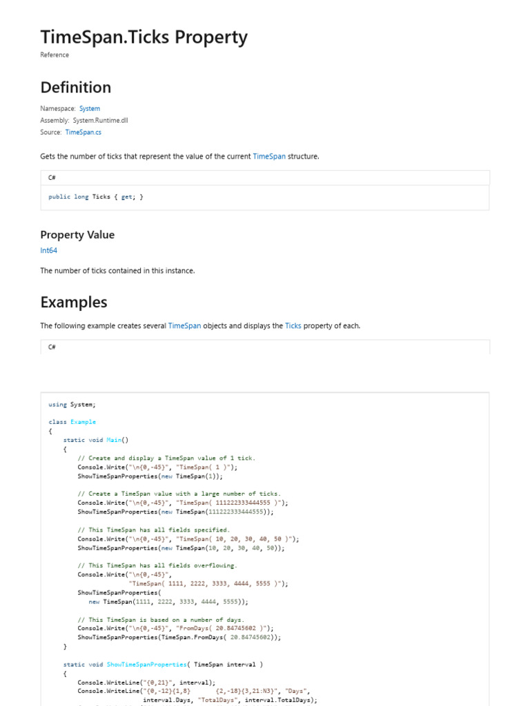 TimeSpan - Ticks Property (System) - Microsoft Learn | Download Free PDF | C Sharp (Programming ...