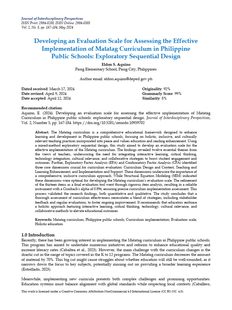 Developing An Evaluation Scale For Assessing The Effective Implementation of Matatag Curriculum ...