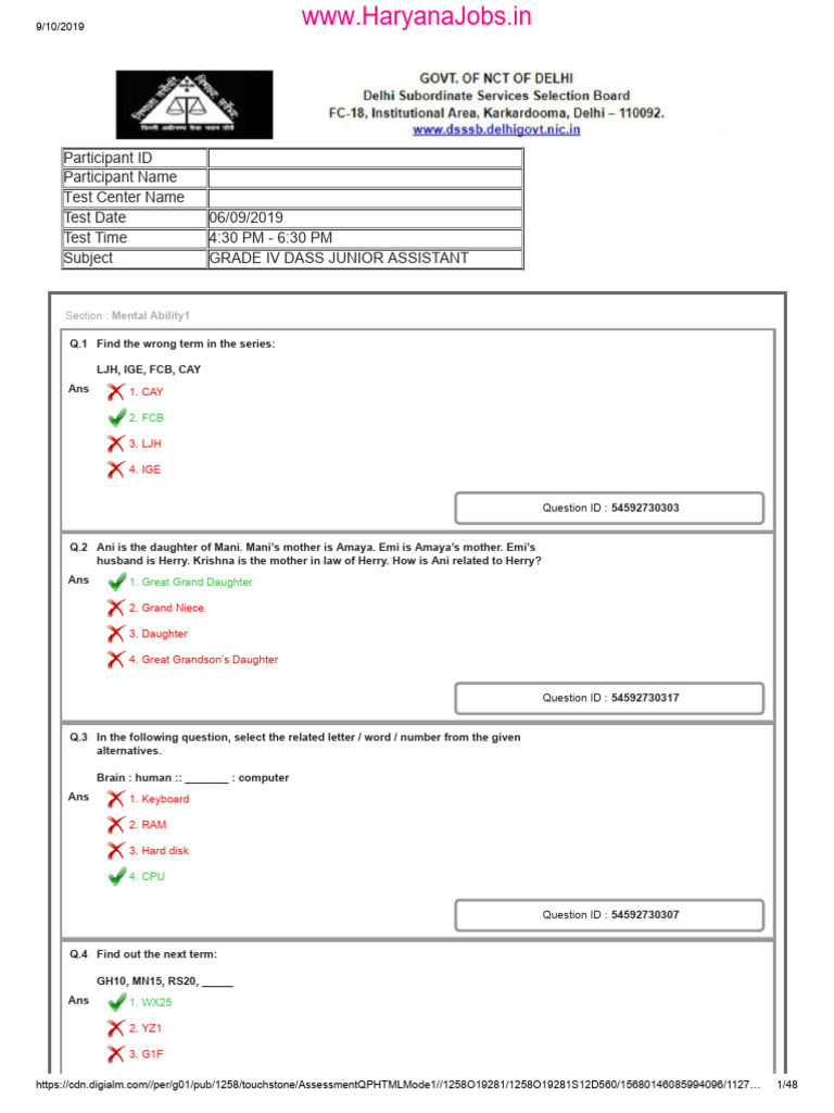 DSSSB Grade 4 Dass Junior Assistant Question Paper 6 9 2019 3rd Shift in English | PDF | Taste