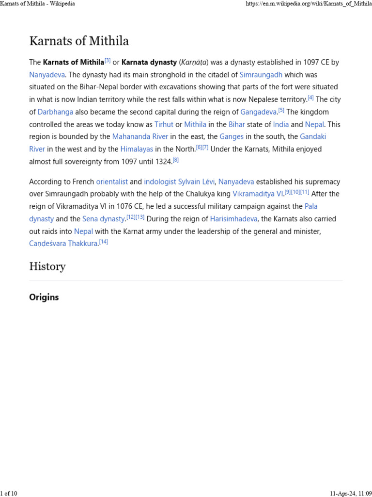 Karnats of Mithila - Wikipedia | PDF