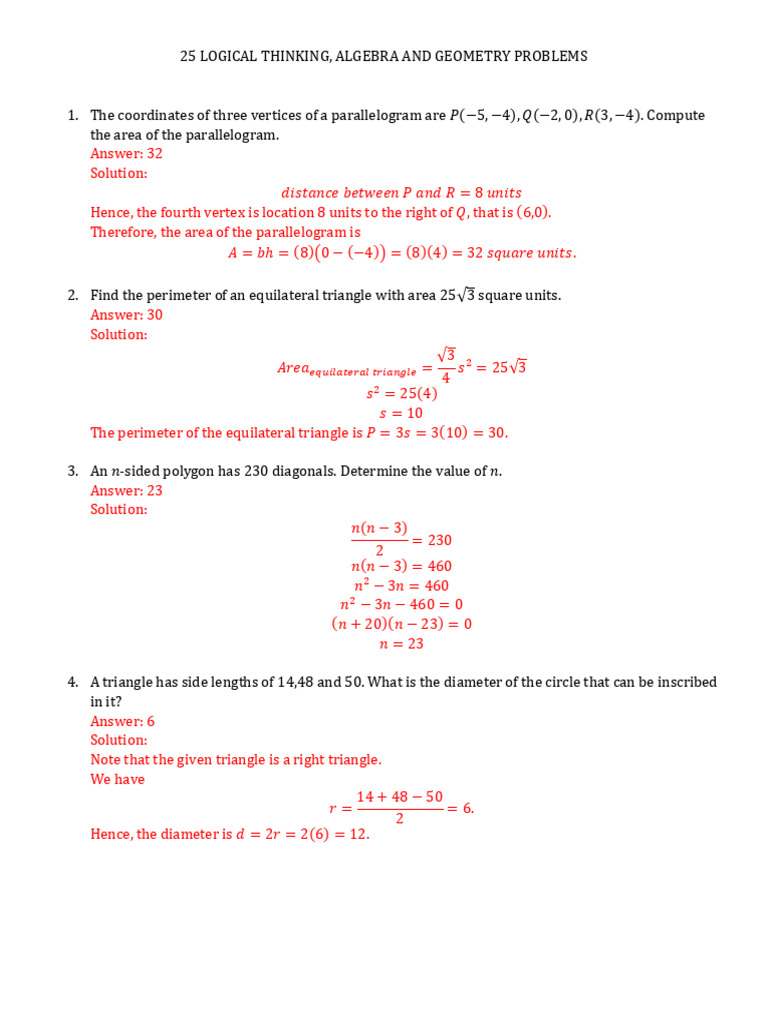 25 LT Algebra Geometry Problems | PDF | Area | Triangle