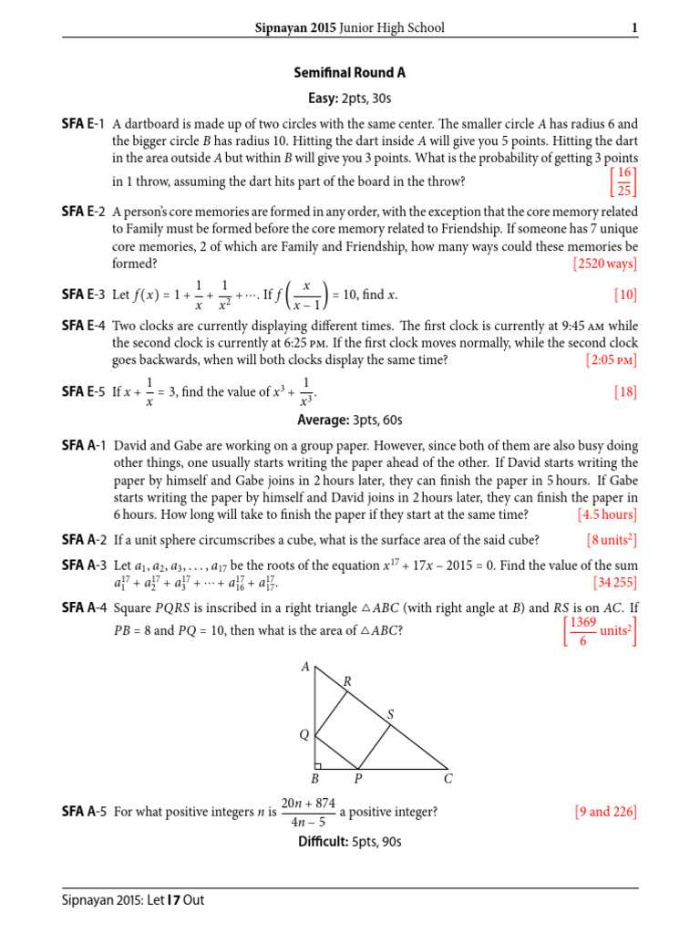 Sipnayan 2015 Junior High Math Problems | PDF | Circle | Triangle