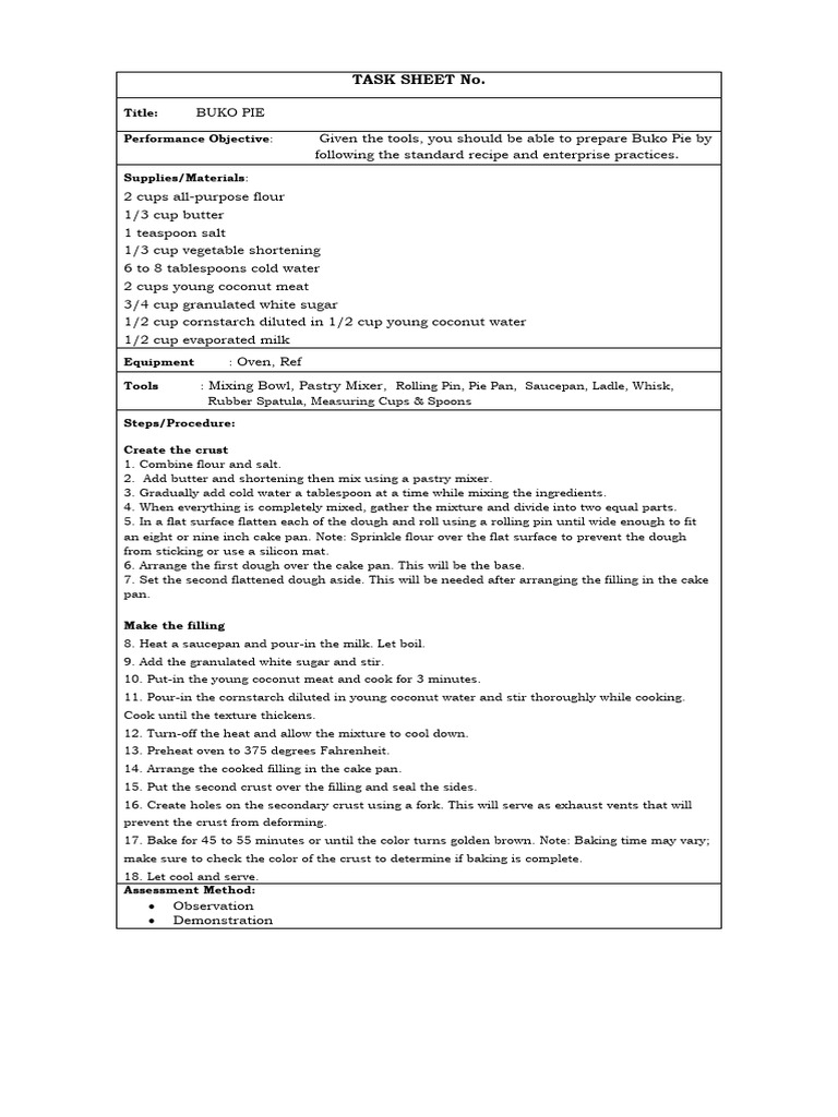 TASK SHEET No 3.10 buko pie | PDF