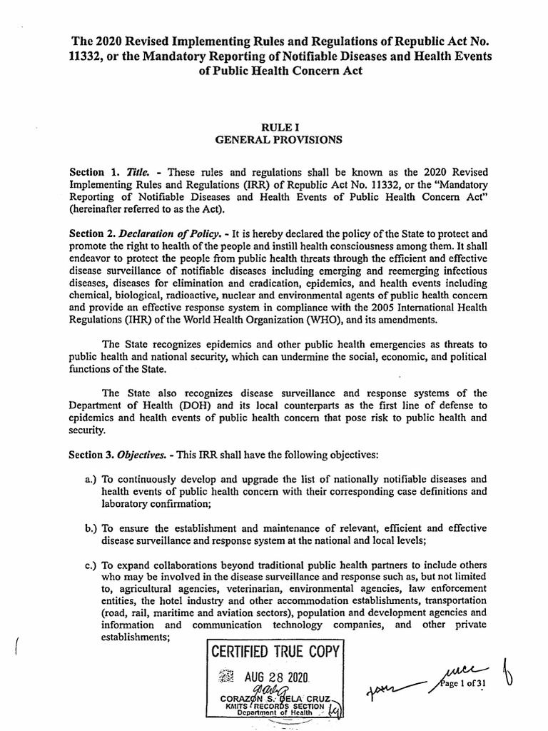 Doh Revised Irr Ra 11332 Aug 28 2020 | PDF | Infection | Public Health