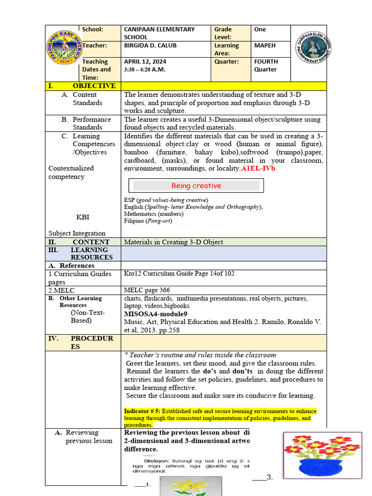 Mapeh Q4 Cot Lesson Plan 2023-2024 | PDF | Learning | Teachers