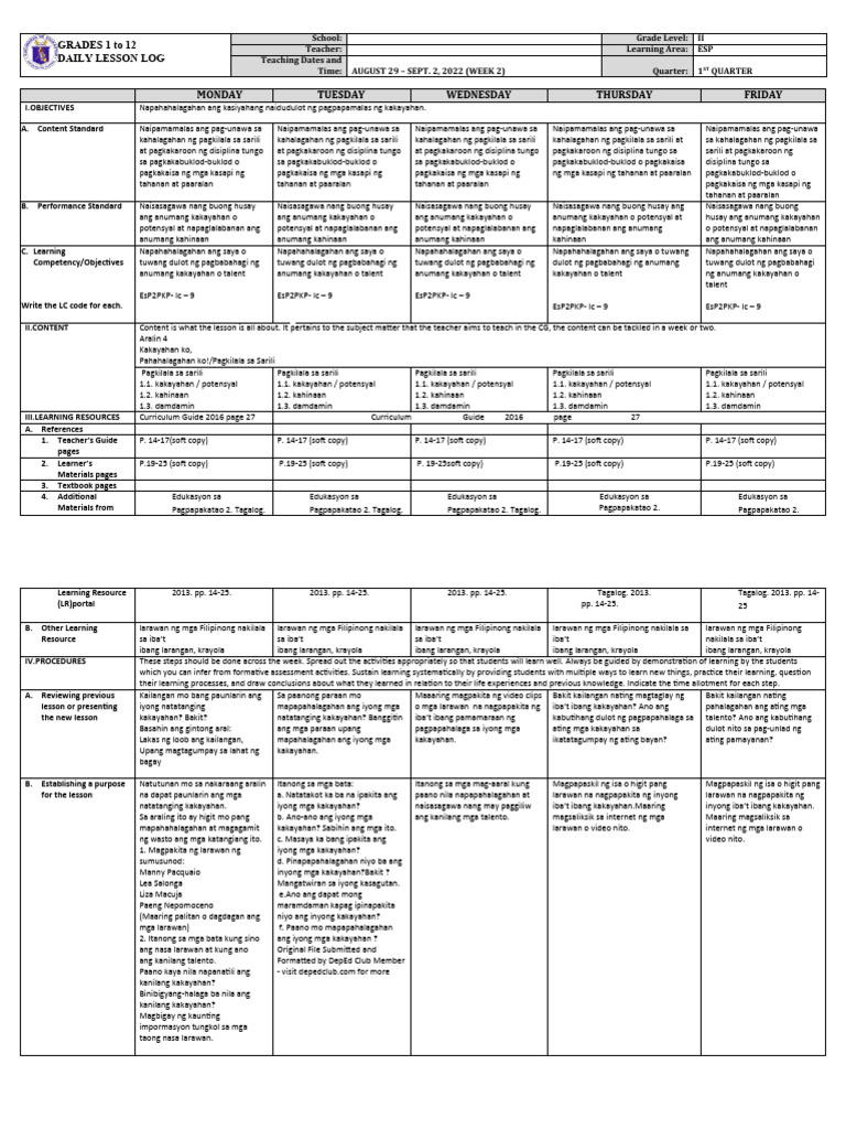 DLL - Esp 2 - Q1 - W2 | PDF