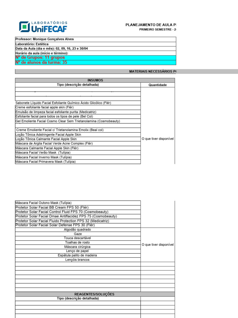 Estética Facial Abril Protocolo De Planejamento De Aula Pratica