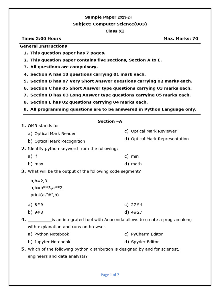Sample Paper Class XI Annual Exam CS CBSE | PDF | Python (Programming Language) | Computing