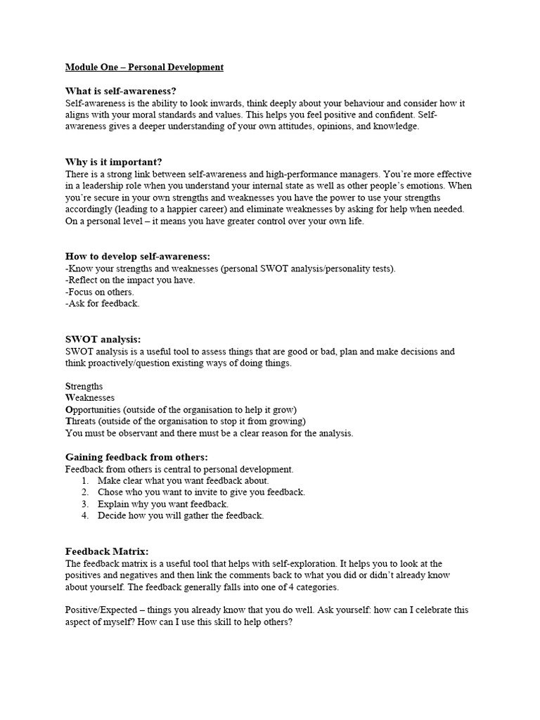 Self Awareness Notes | PDF | Self Awareness | Swot Analysis