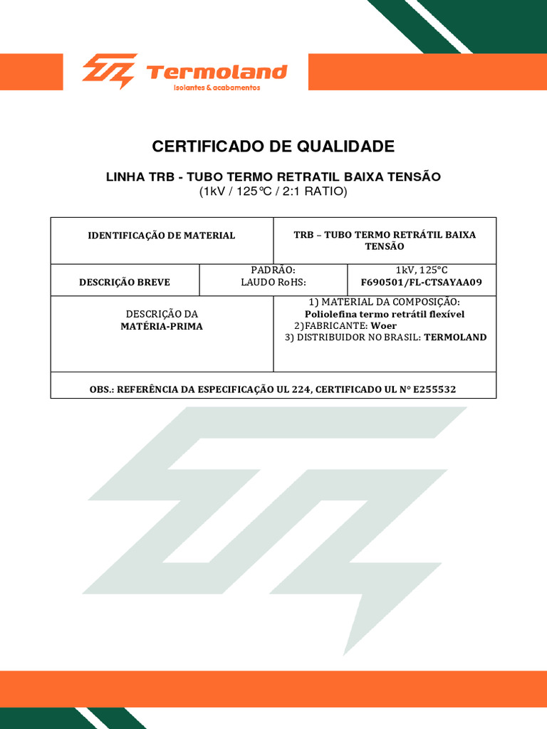Certificado de Qualidade Linha TRB | PDF