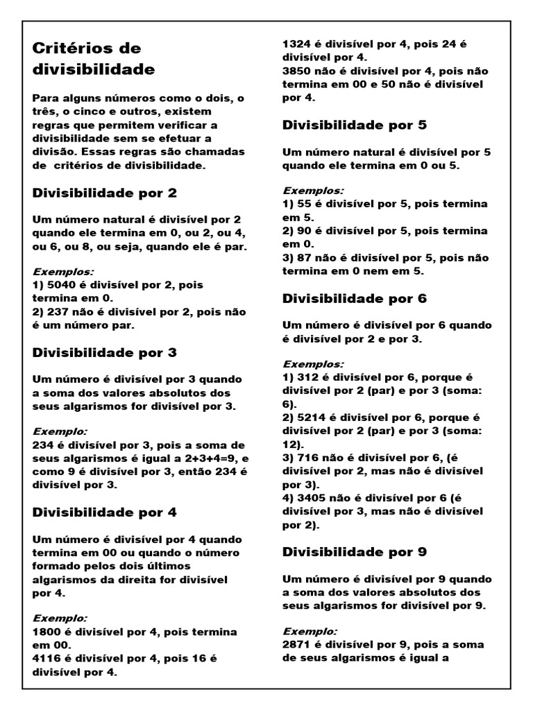 Critérios de Divisibilidade | PDF | Aritmética | Matemática elementar