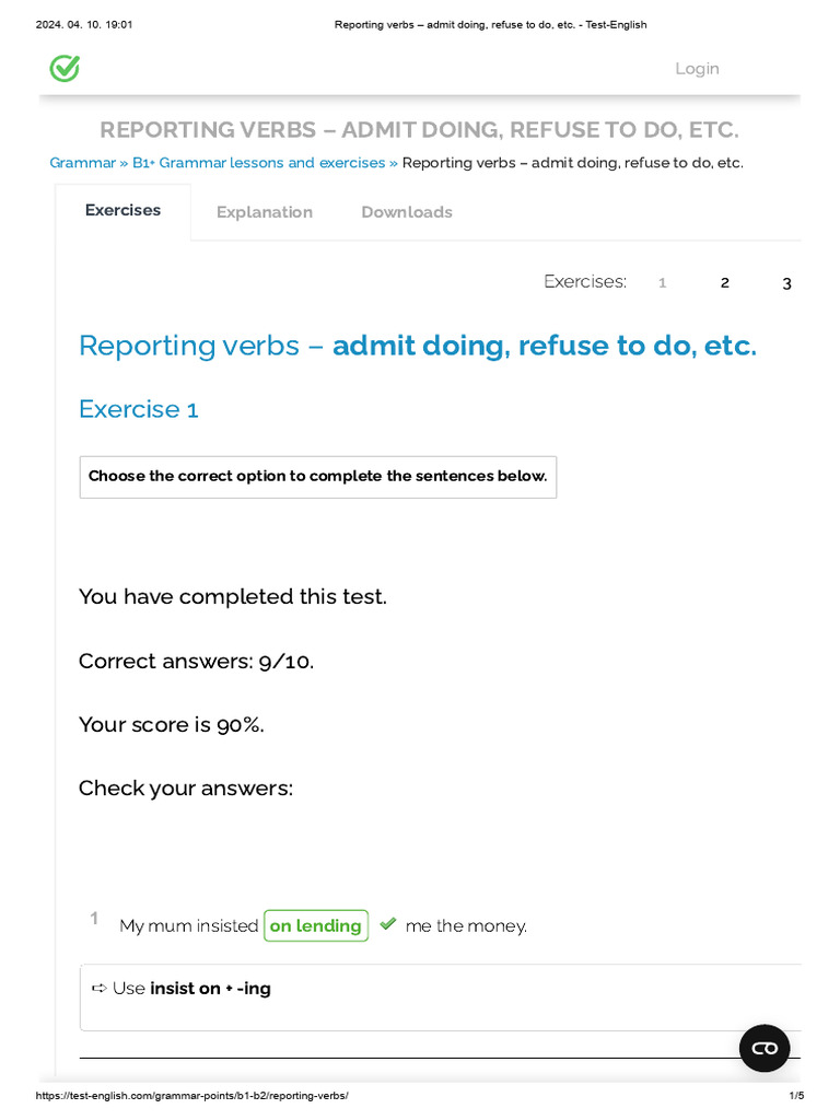 Reporting Verbs - Admit Doing, Refuse To Do, Etc. - Test-English | PDF ...