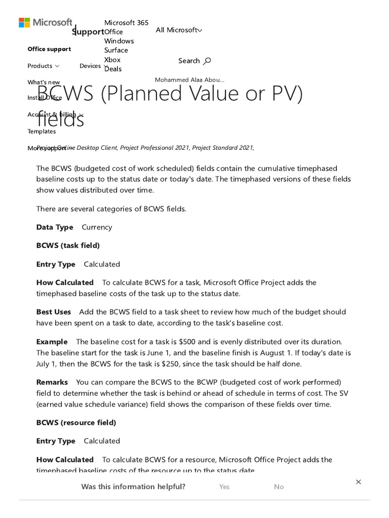 BCWS (Planned Value or PV) Fields | PDF