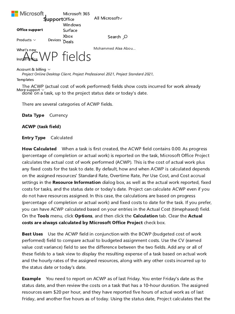 ACWP Fields | PDF