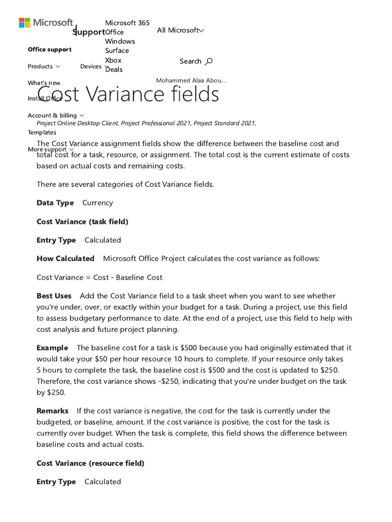 Cost Variance Fields | PDF