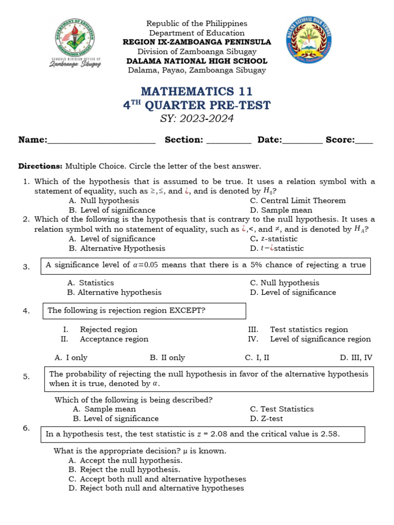 PRE TEST GRADE 11 4th Quarter | PDF | Statistical Inference | Methodology