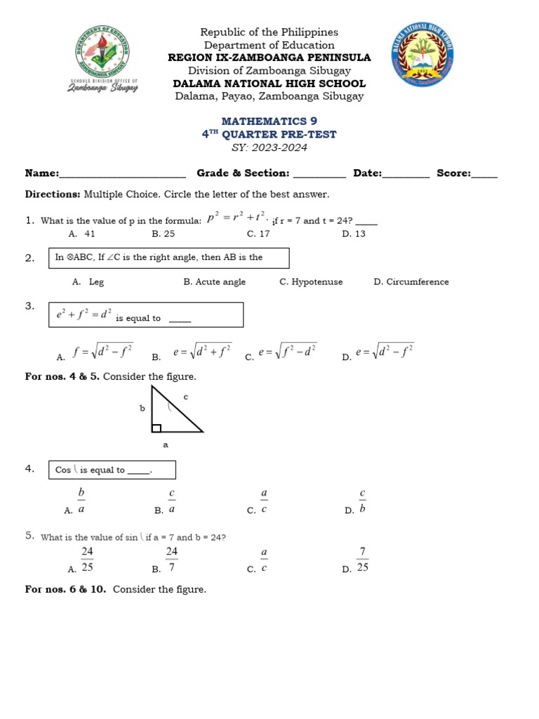 PRE TEST GRADE 9 4th Quarter | PDF | Trigonometric Functions | Triangle
