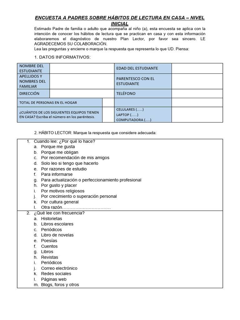 Encuesta de Lectura para Padres | PDF | Artes del Lenguaje y Comunicación
