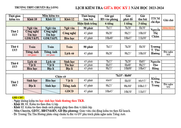 Lịch Kiểm Tra GIỮA HK2 (2023-2024) M | PDF