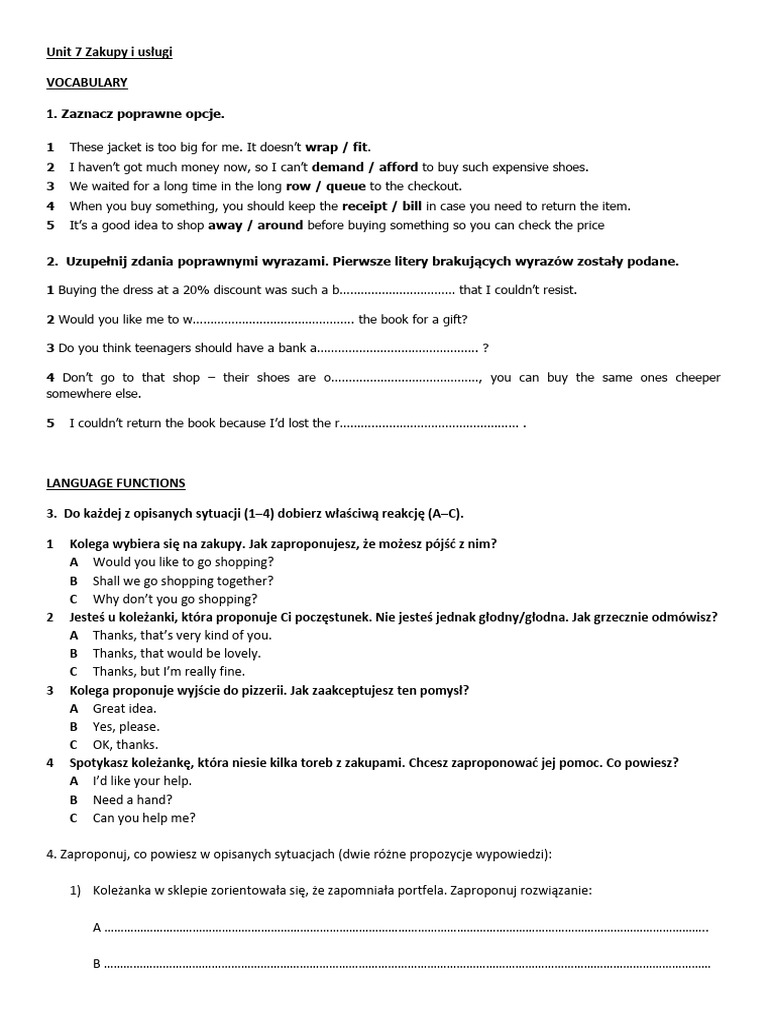 ANG 8a UNIT 7 Zakupy I Usługi Ćwiczenia Utrwalające | PDF