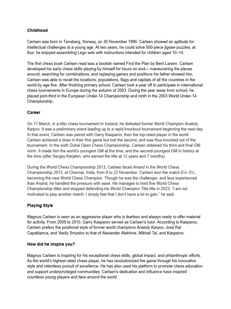 Magnus Carlsen - The Chess Prodigy | Download Free PDF | World Chess ...