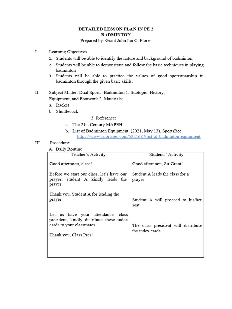 Badminton Lesson Plan for PE Class | PDF | Sports & Recreation