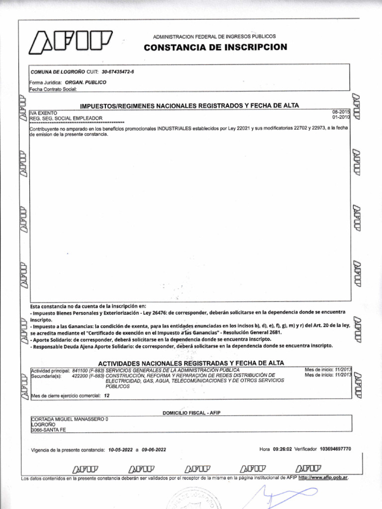 Constancia AFIP: Exenciones y Actividades | PDF