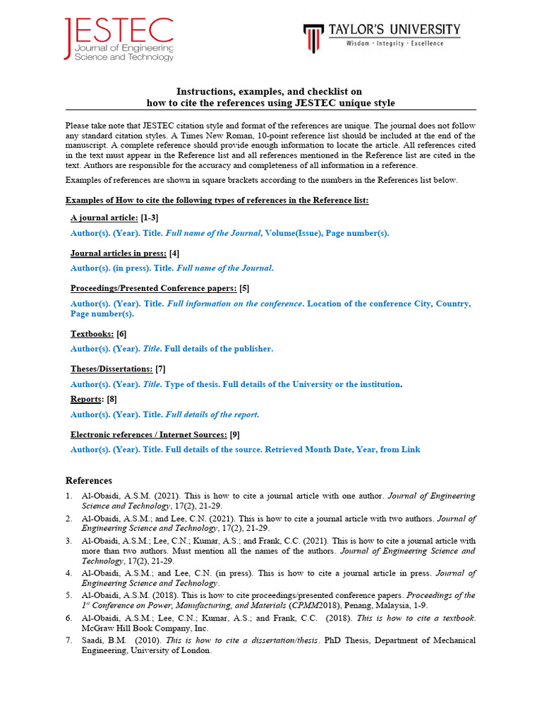 JESTEC Citation Style Guide | PDF | Letter Case | Thesis