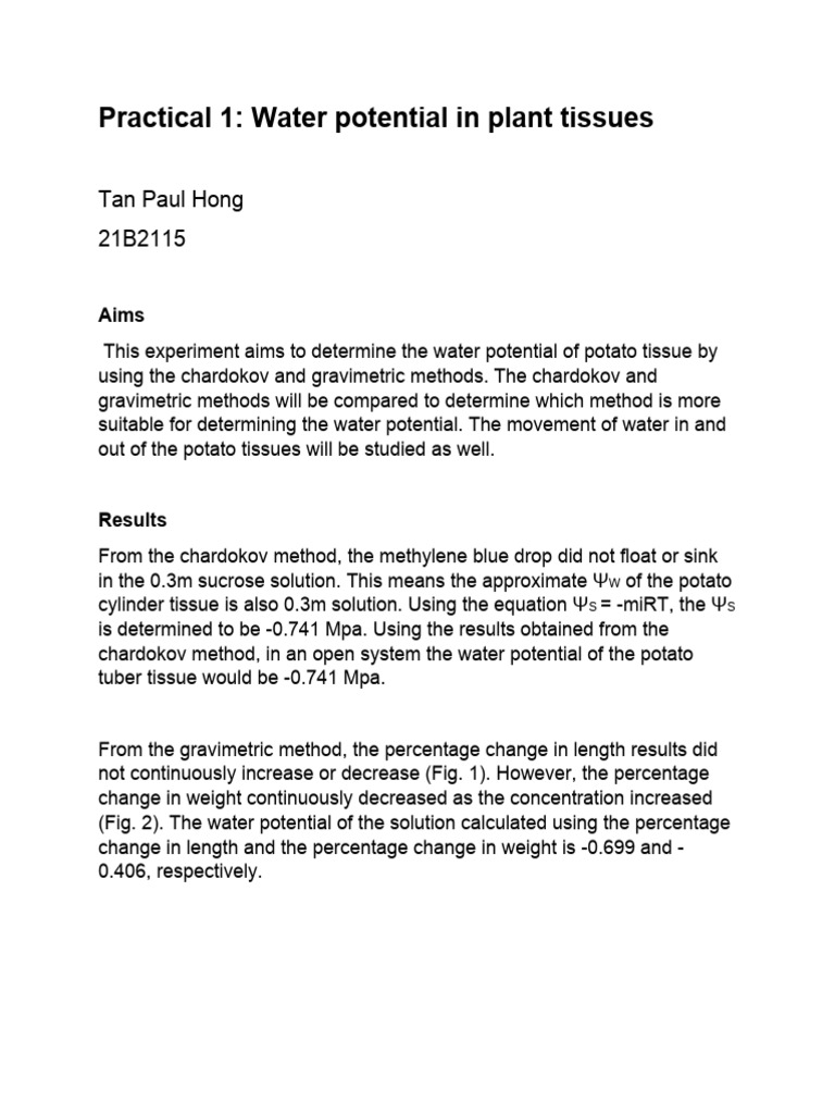 Water Potential of Potato Tissue Experiment | PDF