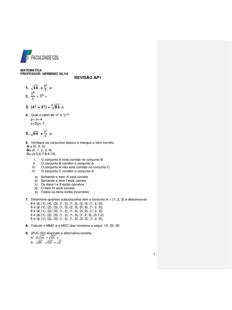 8367 - Revisão Ap1 - Matemática - Exercícios | PDF | Conjunto vazio (Matemática) | Conjunto ...