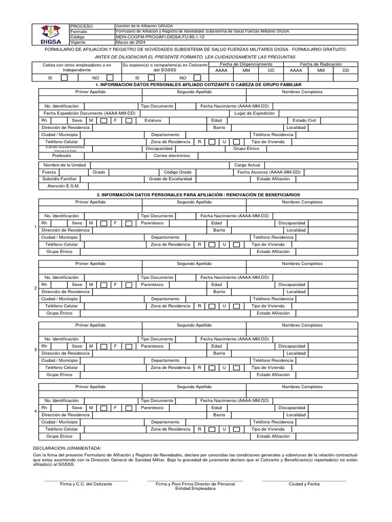Formulario de Afiliación y Registro de Novedades Subsistema de Salud ...