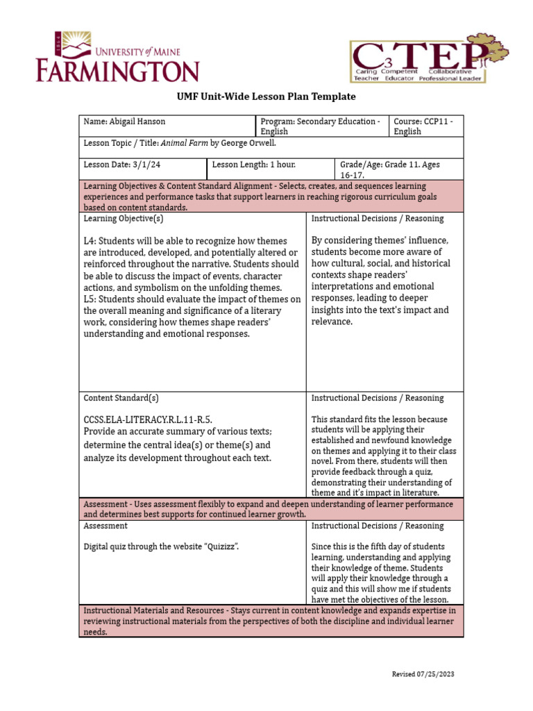 Lesson Plan: Themes in Animal Farm | PDF | Educational Assessment ...