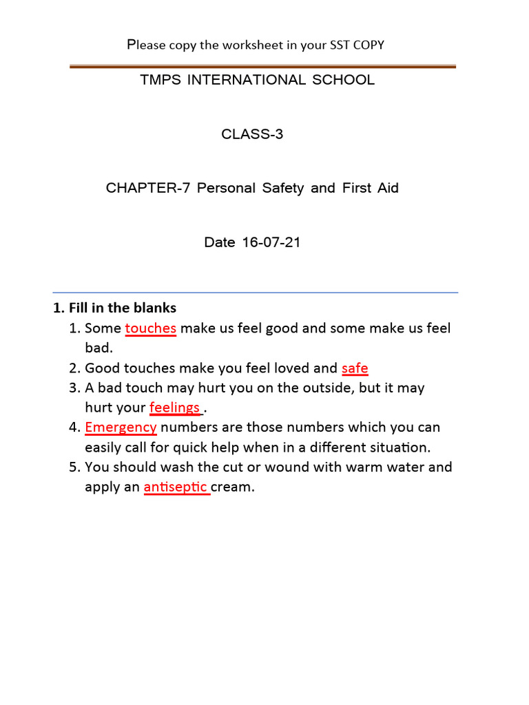Fill in The Blanks: Touches Safe Feelings Emergency | PDF