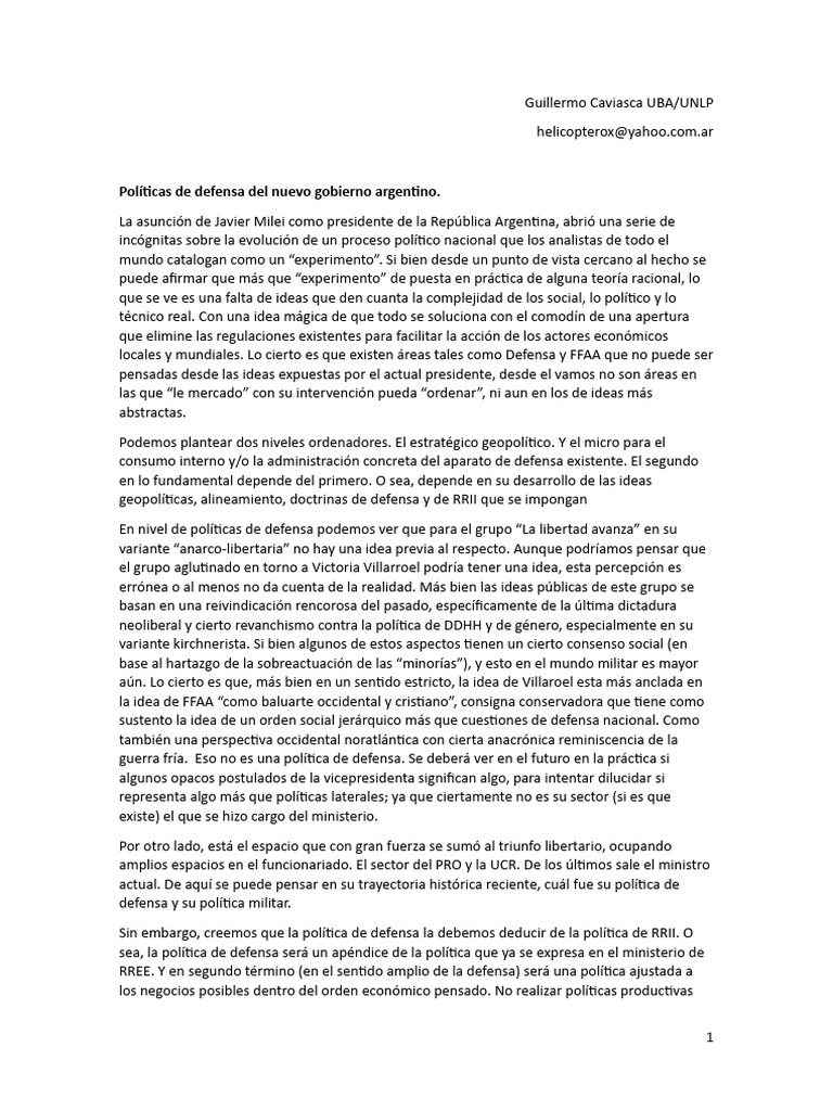 Políticas De Defensa Del Nuevo Gobierno Argentino Pia Pdf General