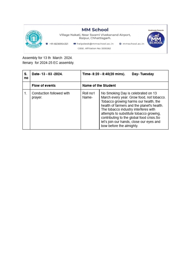 13th March Assembly For 2024-25 | PDF | Tobacco Smoking | Addiction