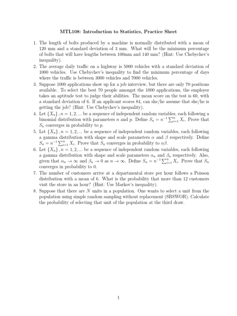 Statistics Practice Sheet: Chebyshev & More | PDF
