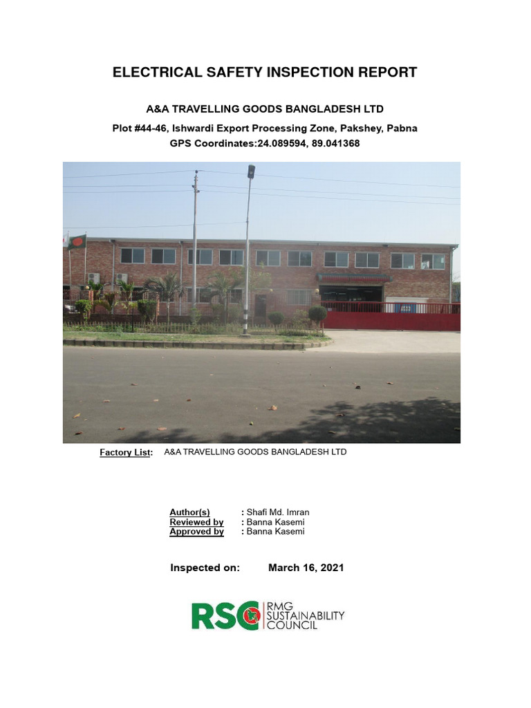Electrical Safety Inspection Report: A&A Travelling Goods Bangladesh ...