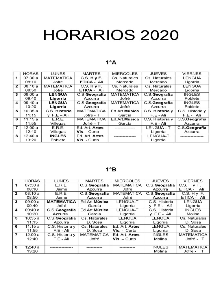 Horarios 2020 Por Curso | PDF | Observación | Investigación