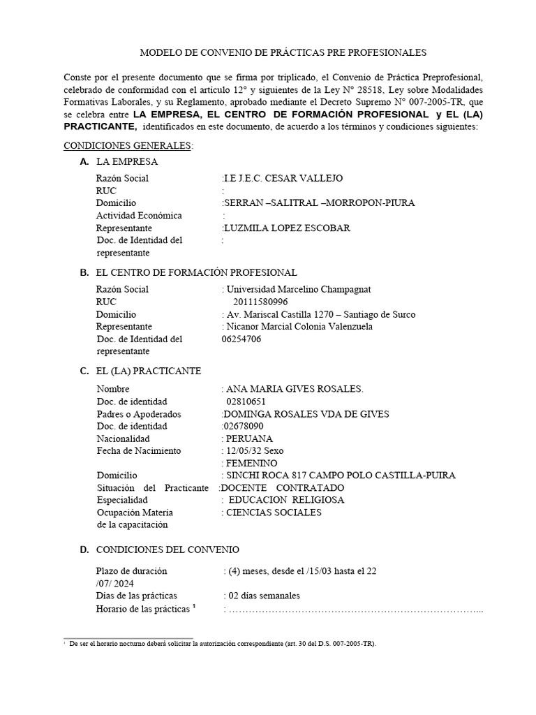 Modelo de convenio practicas pre profesionales | PDF | Seguro | Business