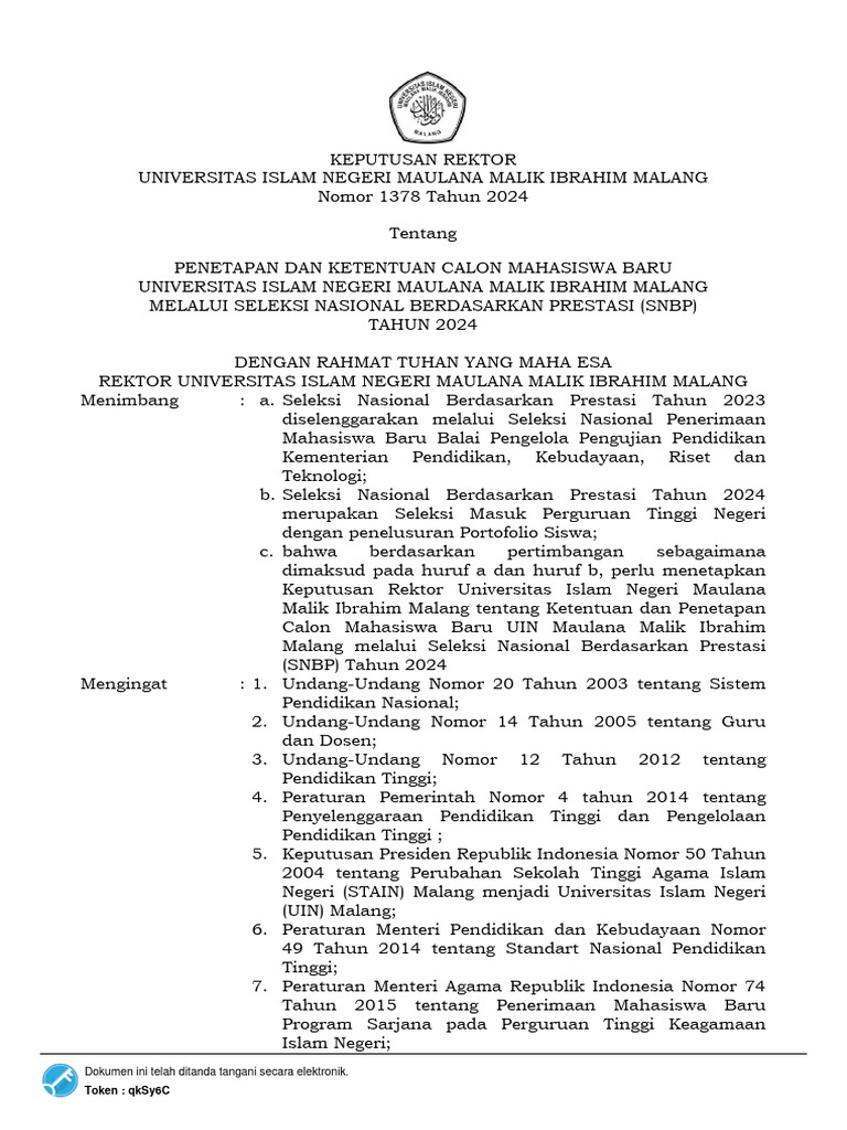 SK Penetapan Dan Ketentuan Calon Maba Jalur SNBP 2024 | PDF