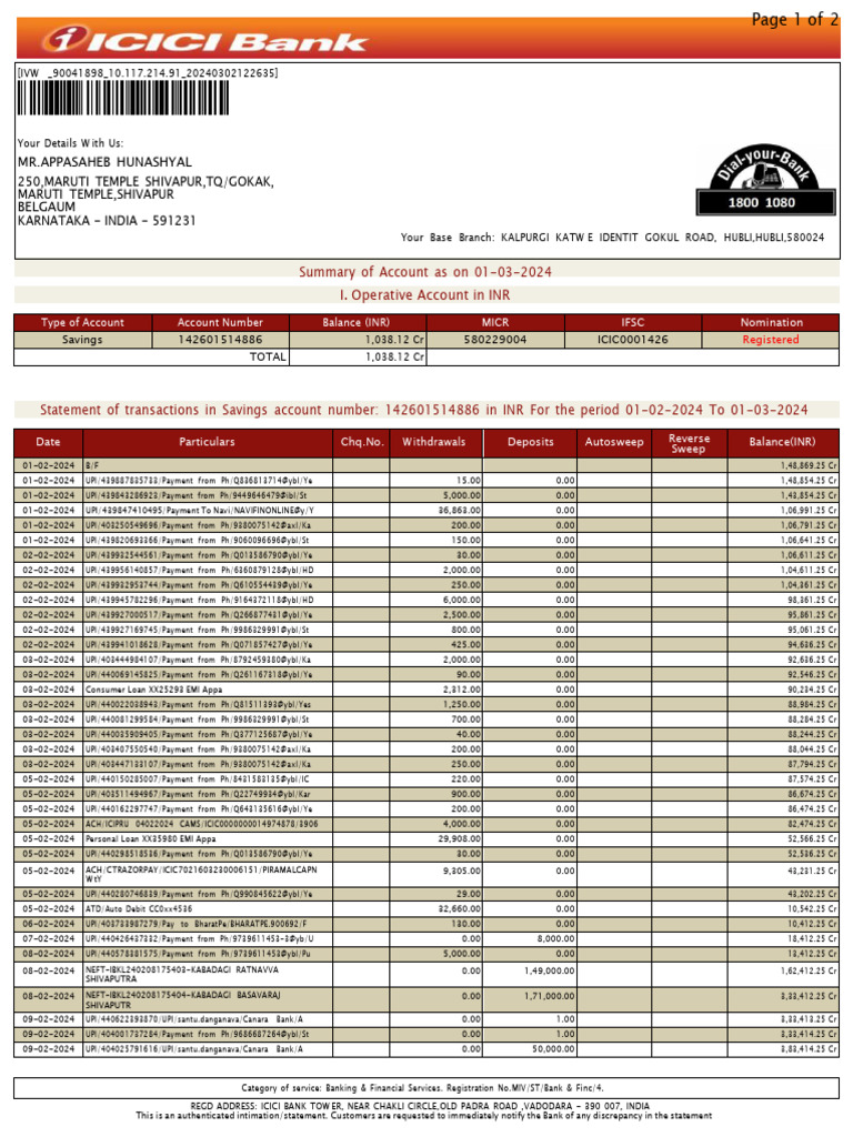 I. Operative Account in INR Summary of Account As On 01-03-2024 | PDF ...