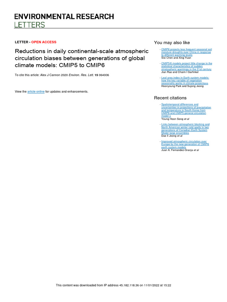 Cannon - Reductions in Daily Continental-Scale Atmospheric | PDF ...