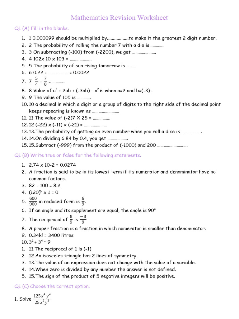 Mathematics Revision Worksheet | Download Free PDF | Geometric Shapes ...