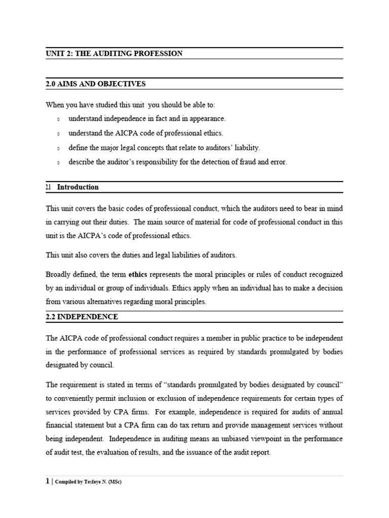 UNIT 2 Professional Ethics of Auditors | PDF | Audit | Negligence