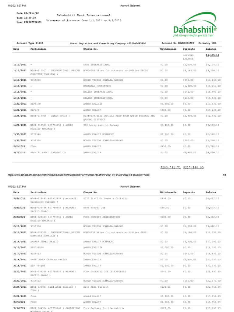 Dahabshiil Bank Account Statement | PDF | Service Industries | Banking