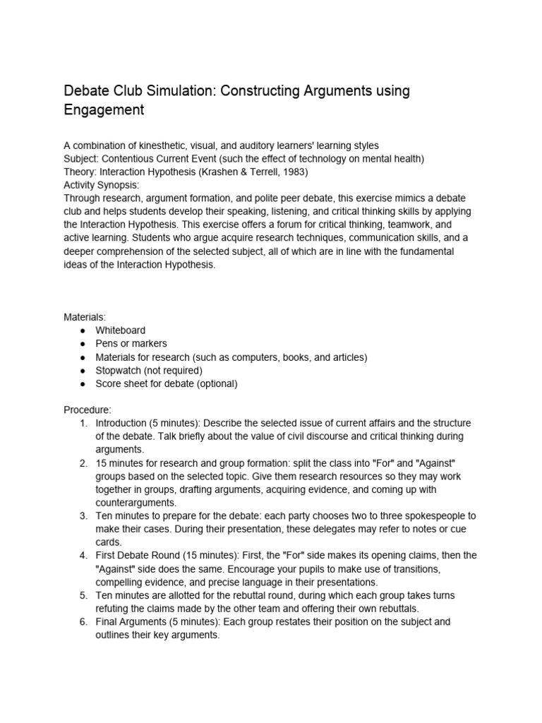 Debate Club Simulation - Constructing Arguments Using Engagement | PDF | Learning | Critical ...