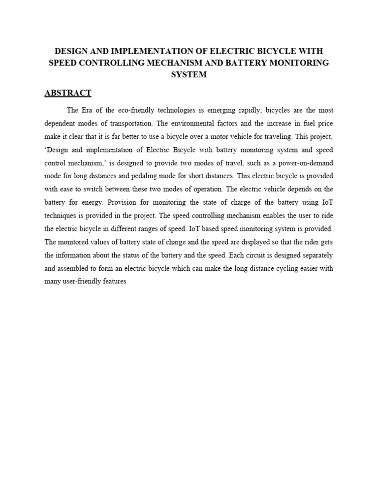 Design and Implementation of Electric Bicycle With Speed Controlling Mechanism and Battery ...