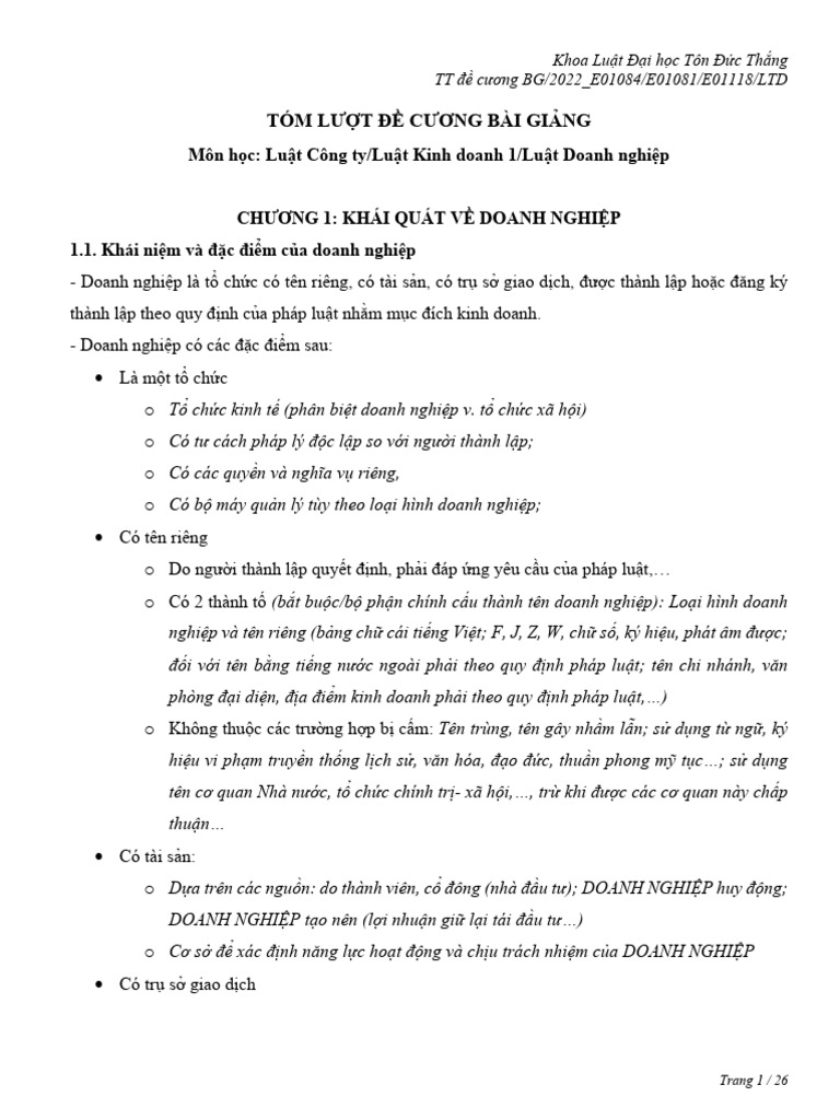 De Cuong BG Luat KD Luat C.ty Ngoai Nganh 2022 | PDF