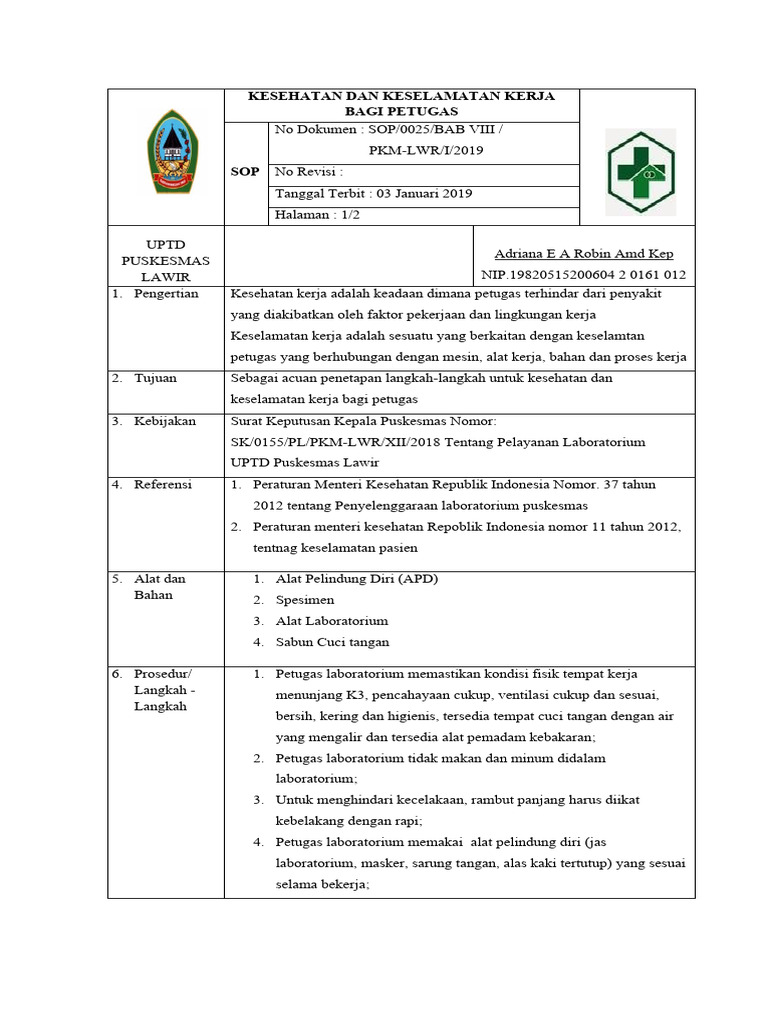 SOP Kesehatan Dan Keselamatan Kerja | PDF
