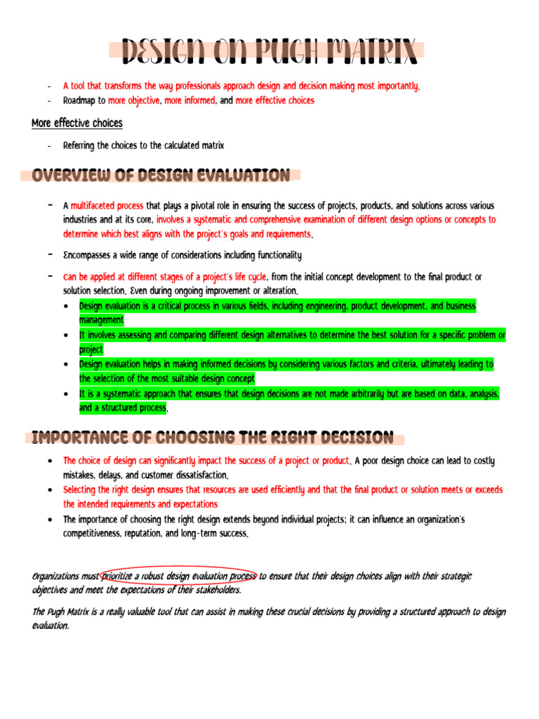 Design On Pugh Matrix Pdf Evaluation Decision Making